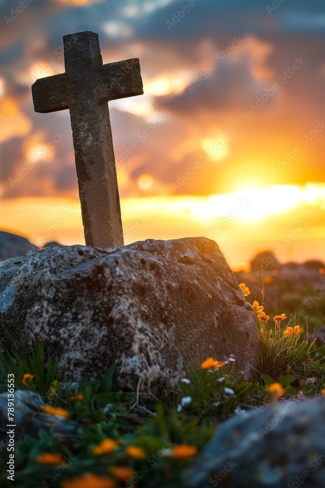 Symbolic representation of resurrection empty tomb stone with cross on ...