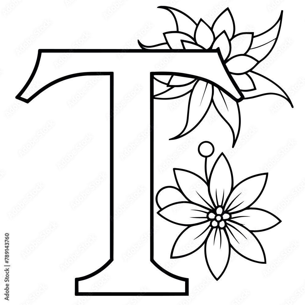 Alphabet T coloring page with the flower, T letter digital outline ...