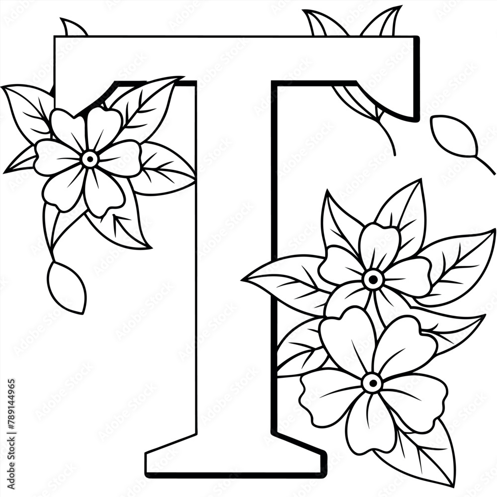 Alphabet T coloring page with the flower, T letter digital outline ...