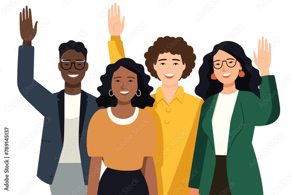 Group of happy people standing together, waving and inviting new ...