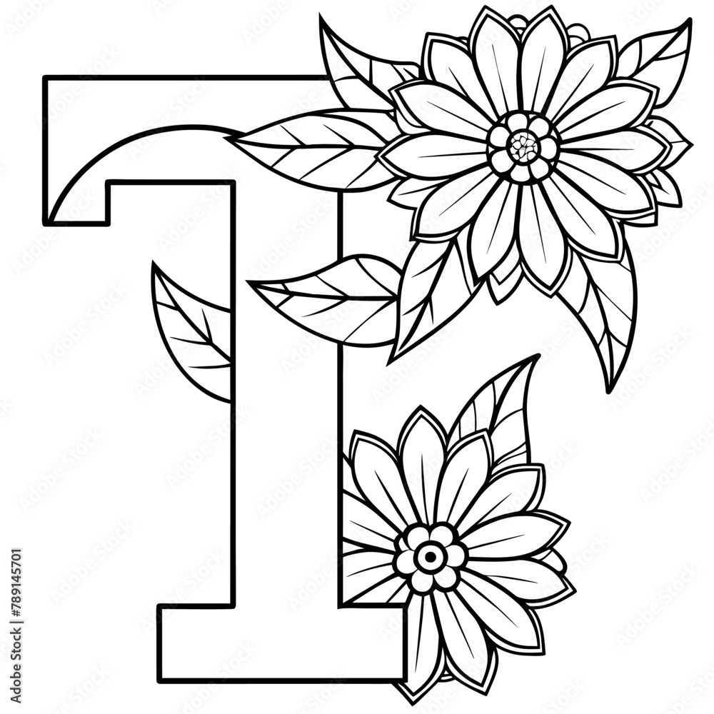 Alphabet T coloring page with the flower, T letter digital outline ...
