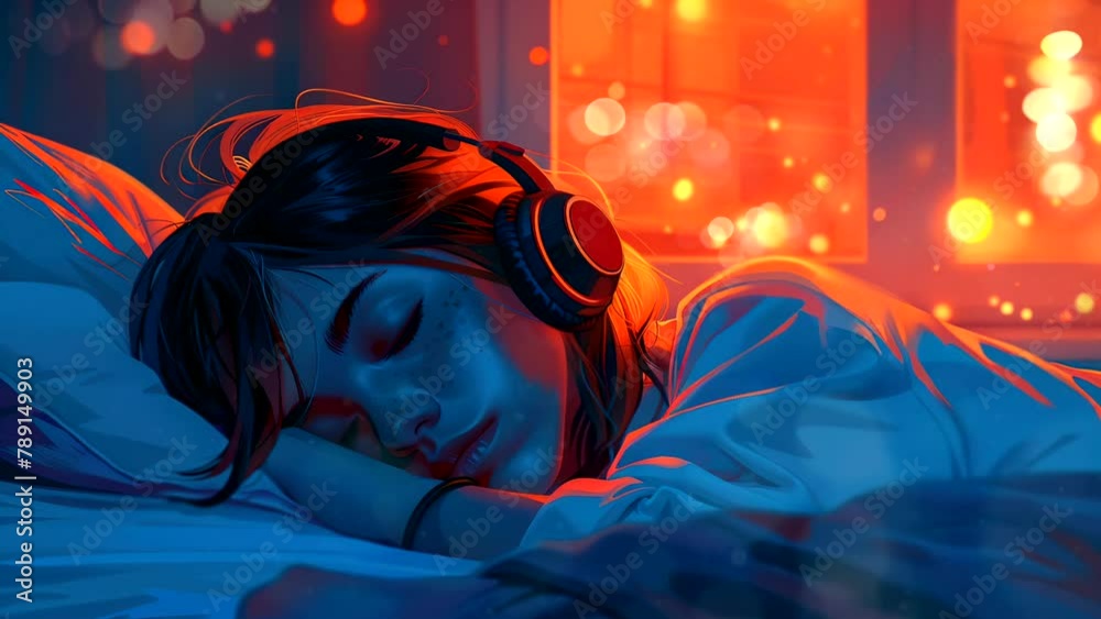 Woman listening to music with headphones in bedroom at night. Anime art ...