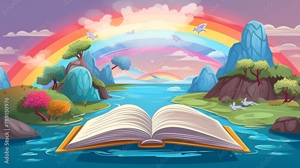 Open book with beautiful background with rainbow and magic world. Open ...