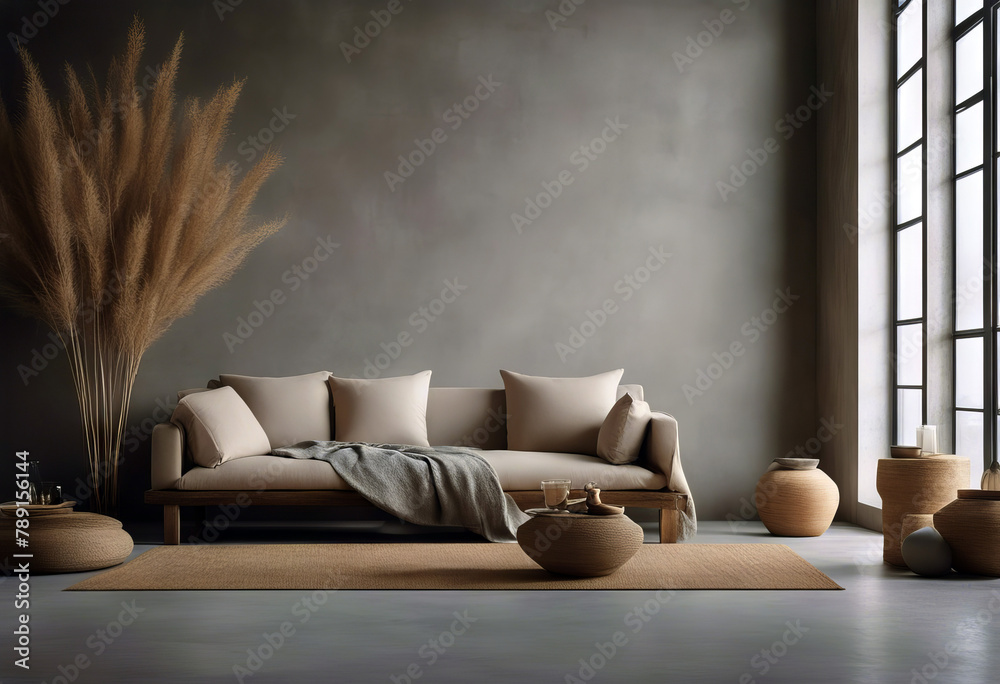 empty style interior grass table ceramic low rug wall jug mockup ...