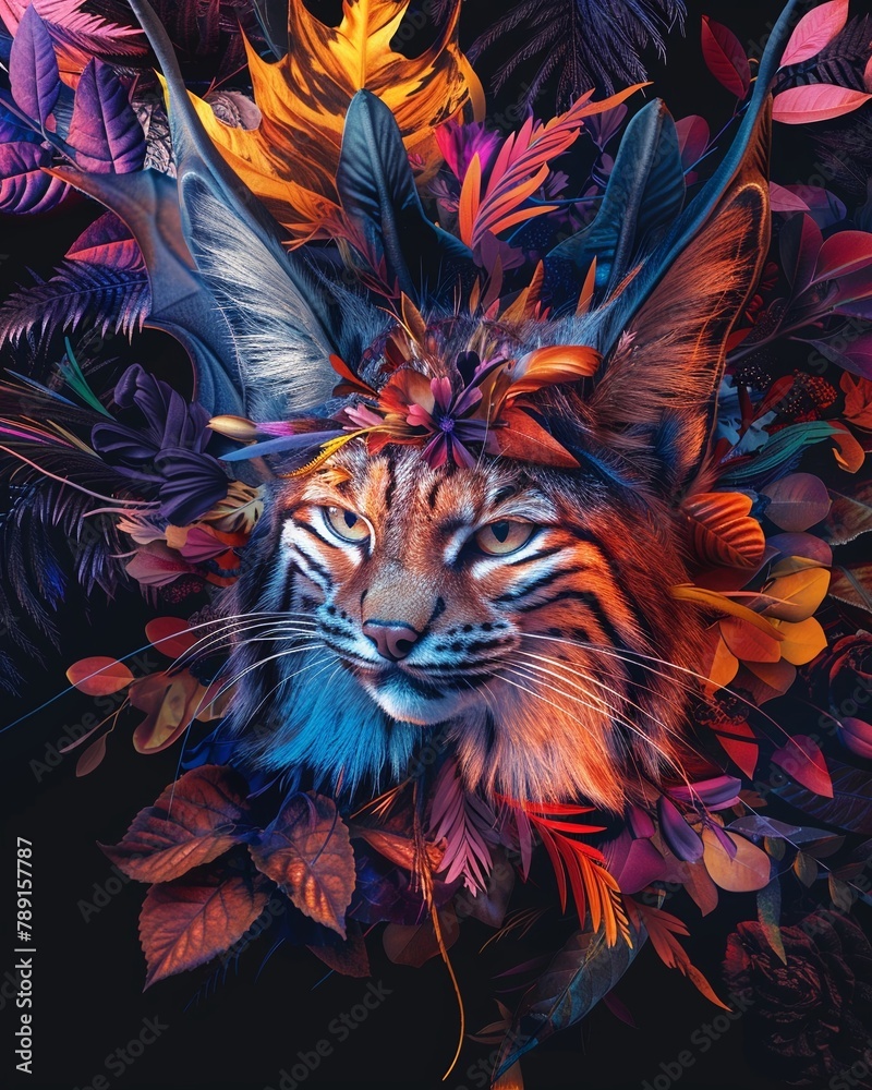 A fantastical creature merging features of a vampire bat and a lynx ...