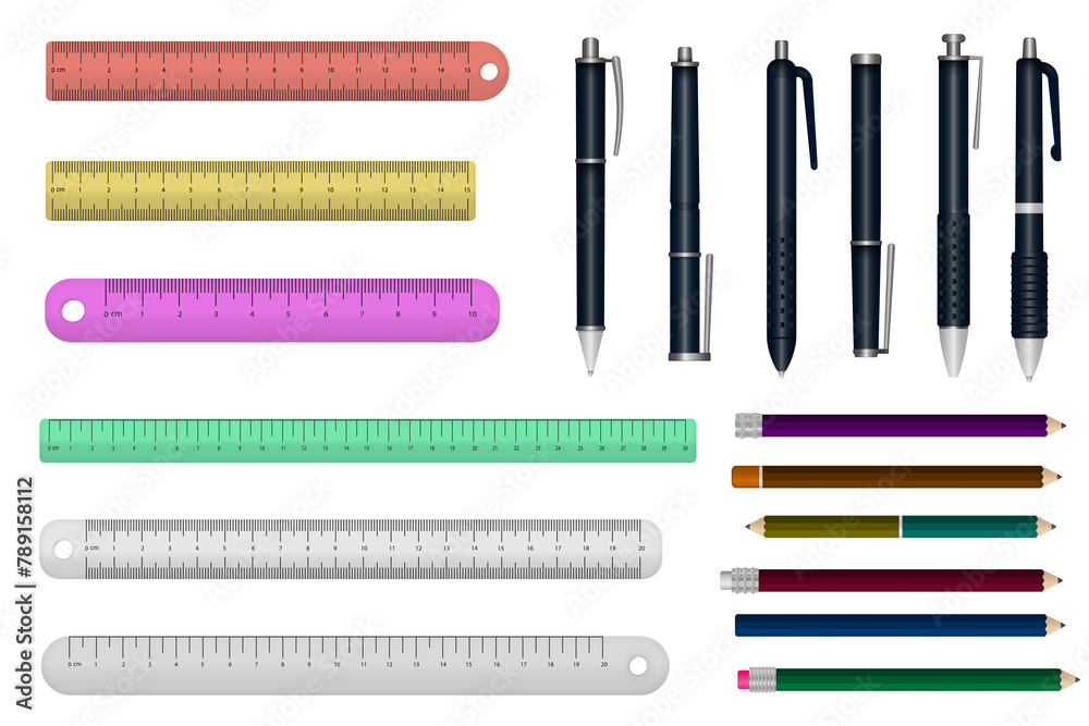PNG, 3D colored school stationery. Set of realistic writing pen ...