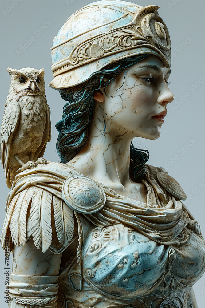 Mythological fantasy: marble statue of Athena ancient Greek goddess or ...