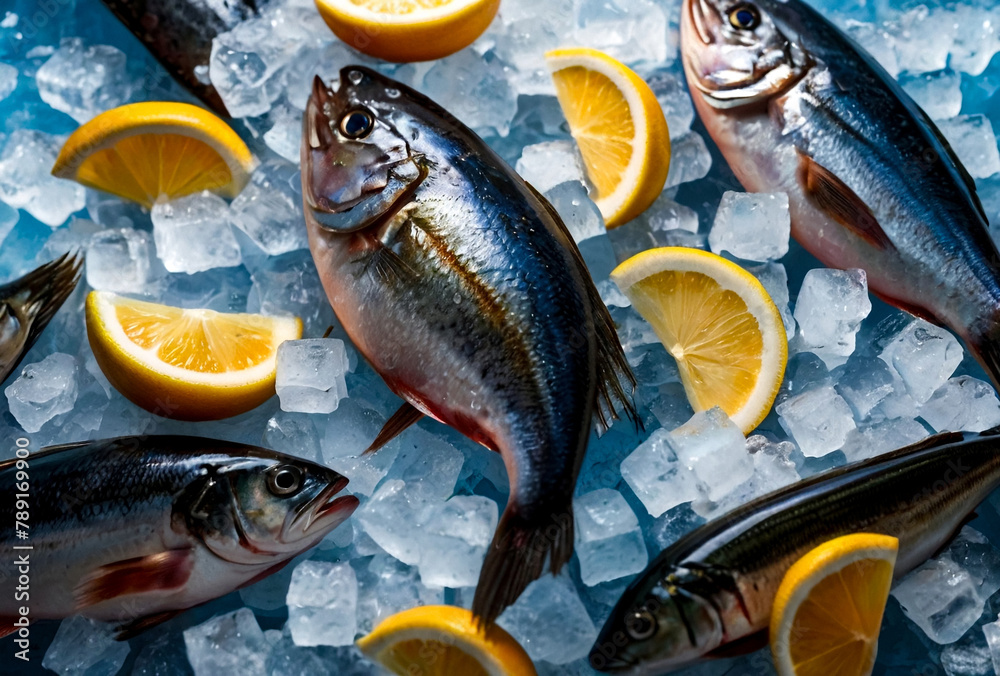 Fresh seafood on crushed ice at fish market. Frozen sea fish on display ...