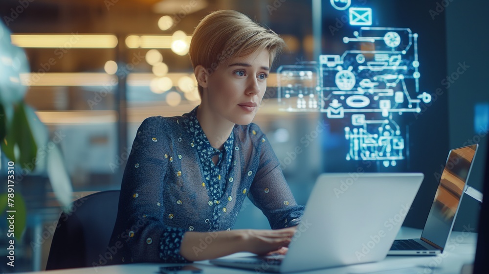 manager immersed in work using a computer in the office. Augmented ...