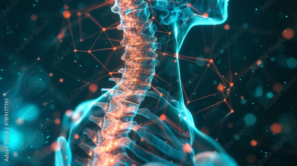 Glowing hologram of human spine 3D with bone structure with dark ...