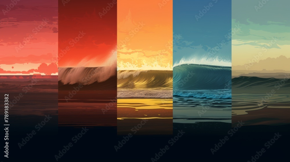 poster with montages of surf images with colored gradient perpendicular ...