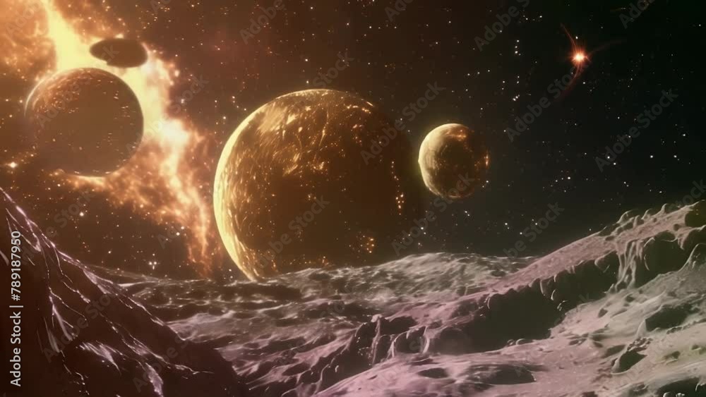 A detailed closeup of three celestial bodies in perfect alignment ...