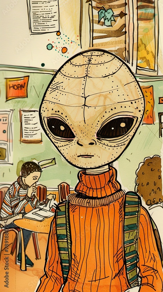 Alien students attending classes on Earth learning about human history ...