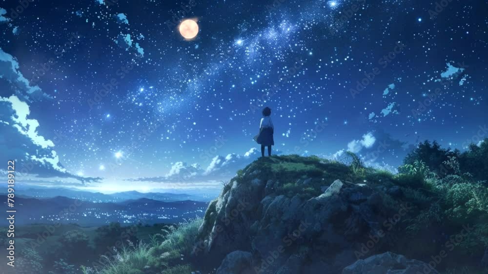 Standing on a hill's peak, an anime character takes in the panoramic ...