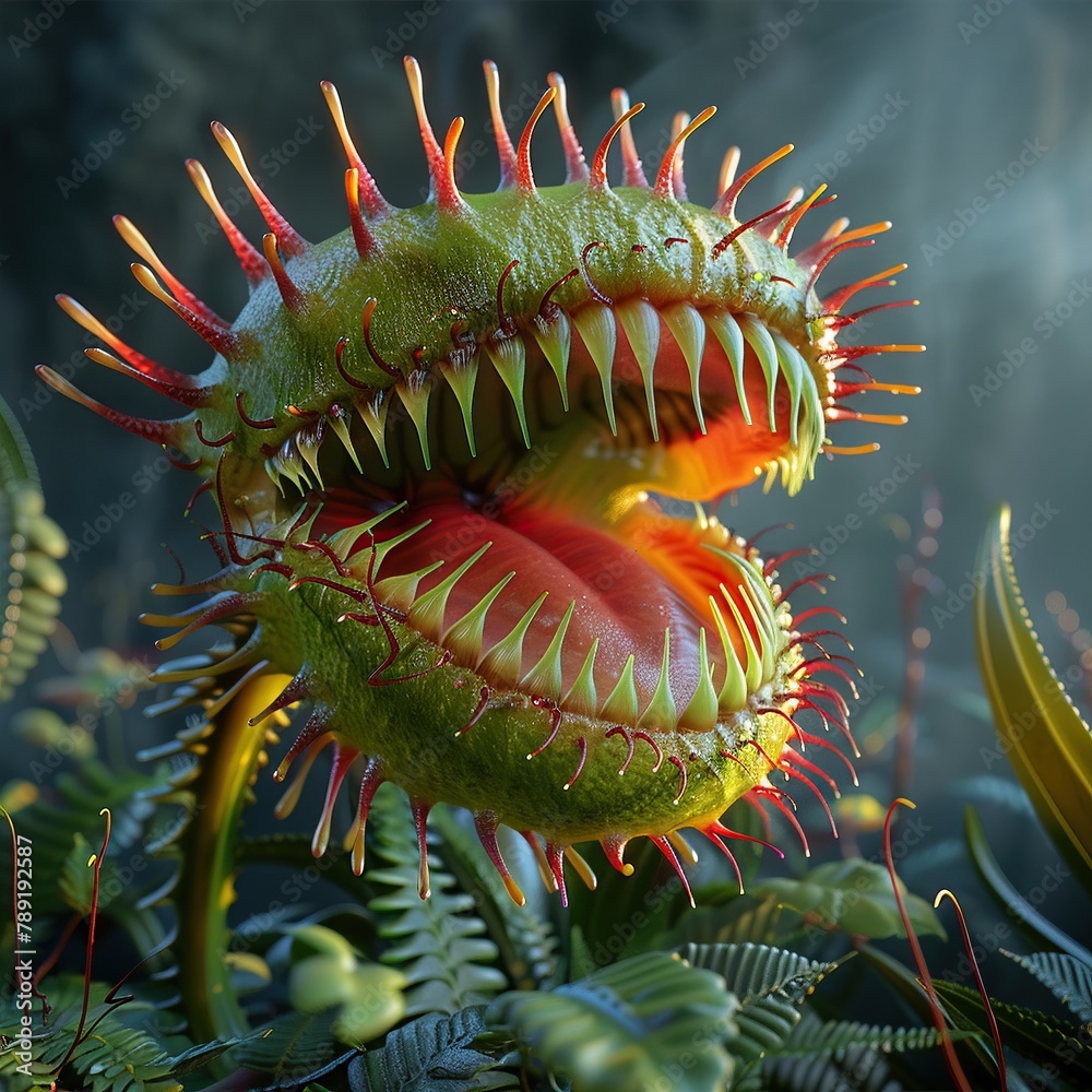 3D Venus flytrap monster mascot, vibrant and detailed, snapping jaws, lively depiction of nature ...