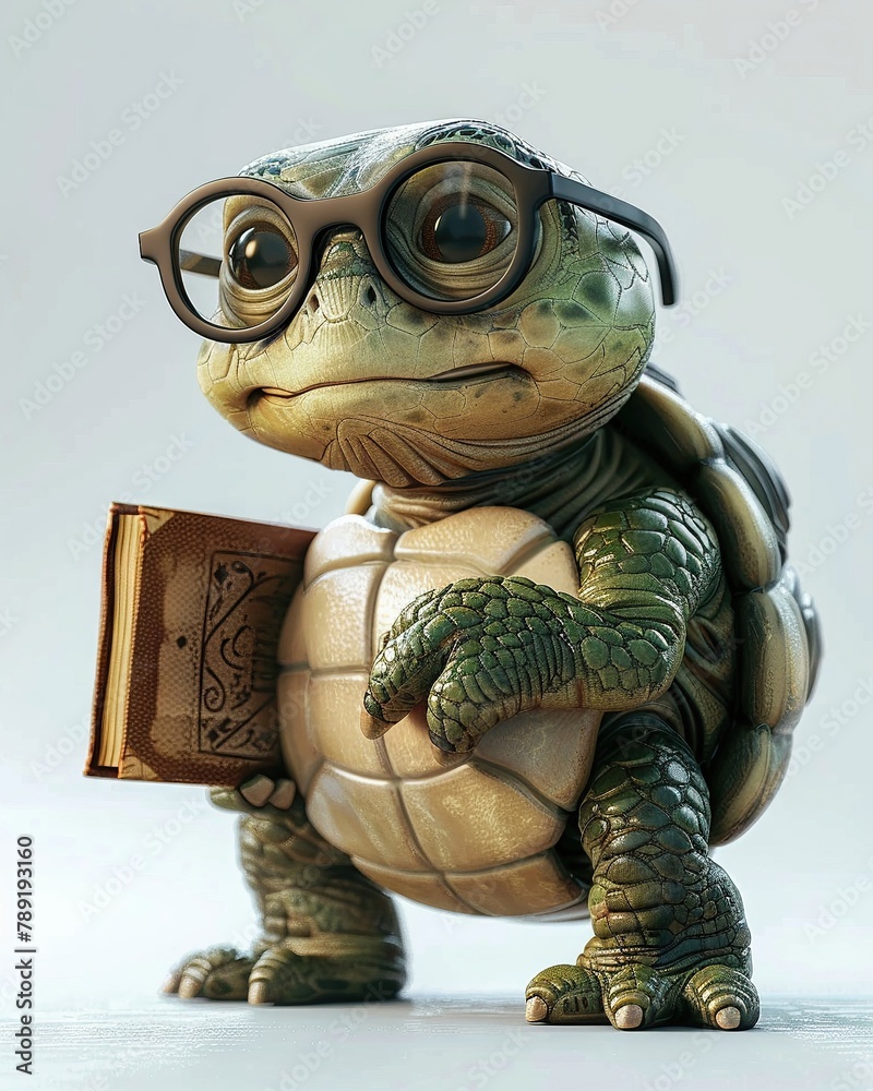 3D mascot of a cute turtle tortoise with nerd geek glasses, embodying a ...