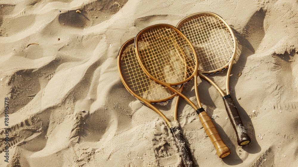 Beach tennis rackets for women and children lay elegantly on the sandy ...