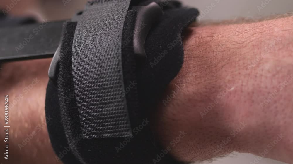 A man in a white shirt on a green background adjusts his elbow brace ...