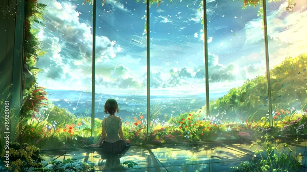 By the expansive window, an anime character sits serenely, enchanted by ...
