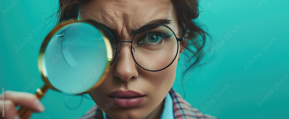 Angry woman in business clothes looking through magnifying glass on ...