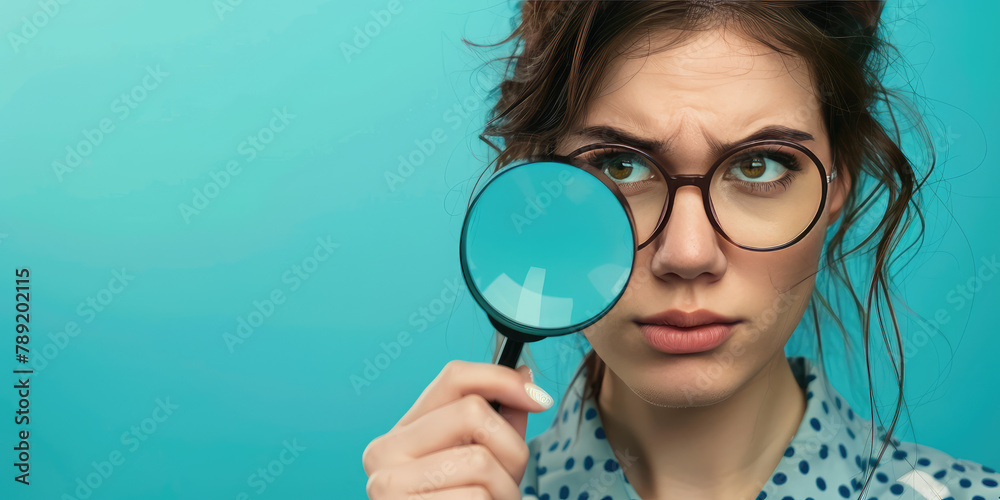 Angry woman in business clothes looking through magnifying glass on ...