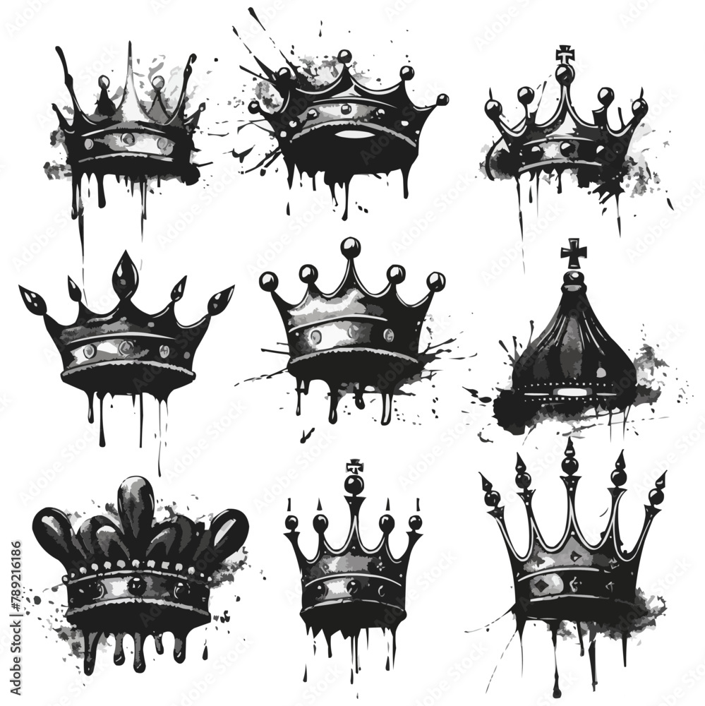 Set of graffiti spray painted crowns. Black brush paint king crown ...