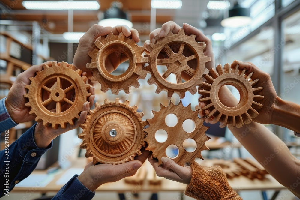 Diverse group of people assembling wooden gears together in front of a ...