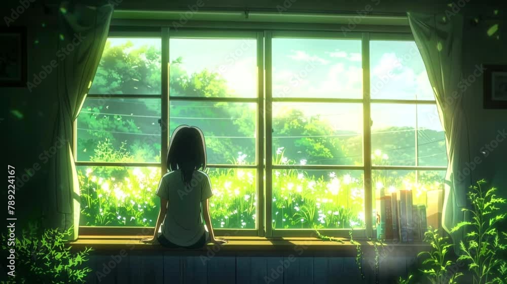 anime scene with a character sitting by a large window, anime looping ...