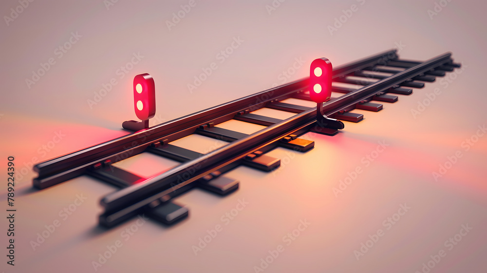 3D render of a railway track with red signals and route lines on a ...