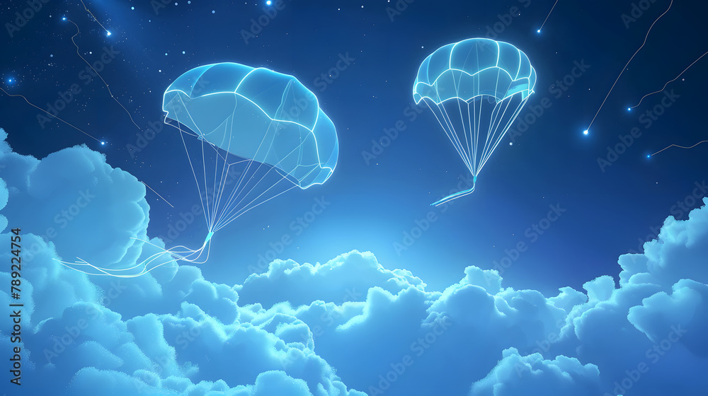 3D render of a skydiving route with blue parachutes and route lines on ...