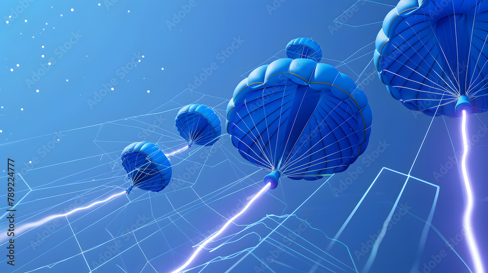 3D render of a skydiving route with blue parachutes and route lines on ...
