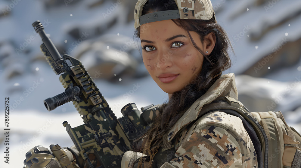 Focused female soldier in camouflage aiming with a rifle, portrayal of ...