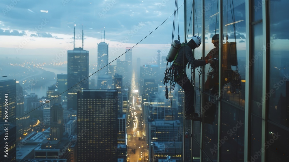 A window cleaner suspended on a harness, cleaning tall building windows ...
