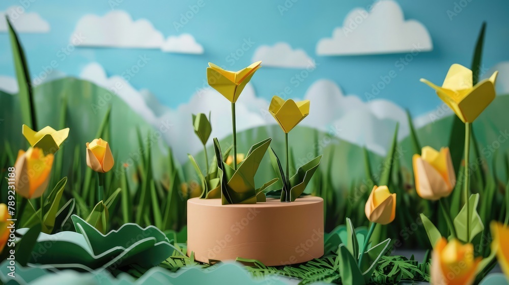 This is a realistic modern origami nature backdrop with cylinder ...