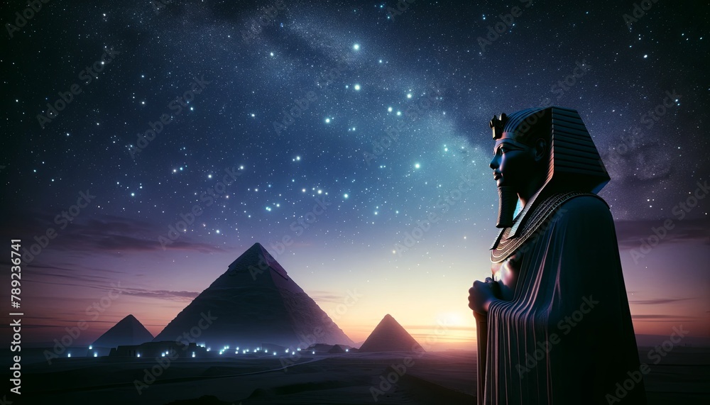 The image shows a large statue of an Egyptian pharaoh standing in front ...