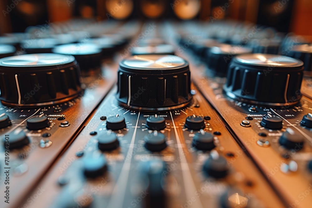 Foto de Close-up of a modern professional audio mixing board's detailed ...