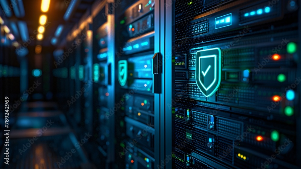 A dark and mysterious server room. The only light comes from the green ...