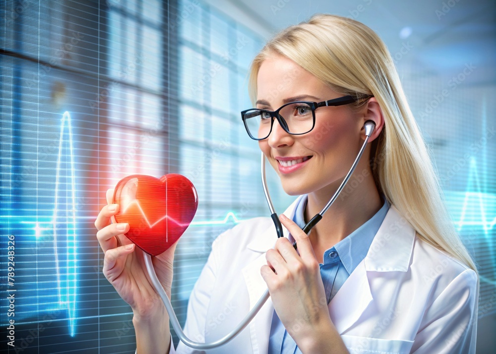 Medicine a young beautiful girl is a cardiologist with glasses in an ...