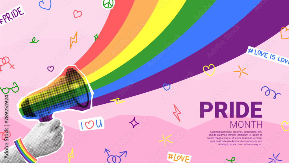 Vector collage for Pride Month events. Banner with halftone hand ...