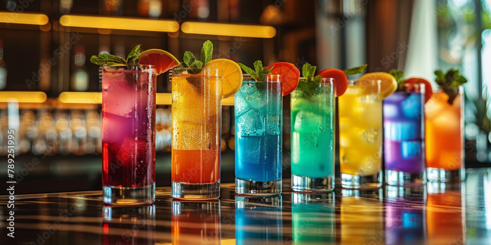 Colorful cocktails in glasses lined up on the counter of the bar ...