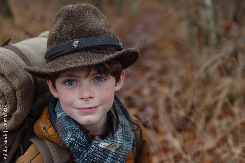 Adventurous boy with vintage hat in the woods. Generative AI image ...