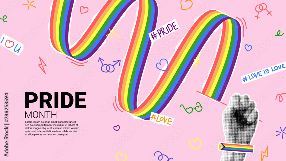 Festive collage for Pride Month events. Vector banner with halftone ...