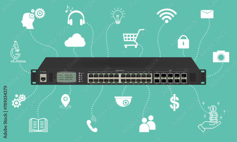 Professional network industrial gigabit switch isolated on white ...