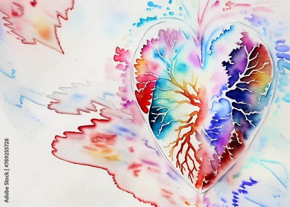 Watercolor illustration of a human heart with vivid splashes and drips ...