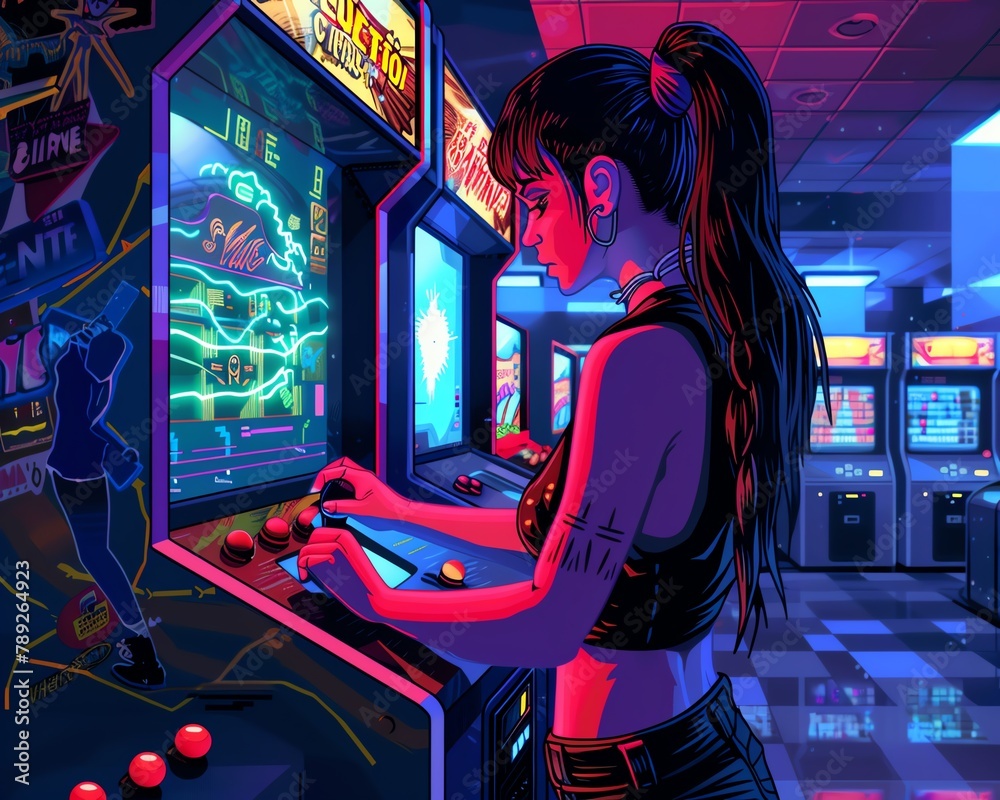 Dynamic pixel art of a girl playing an arcade game, vibrant screen ...