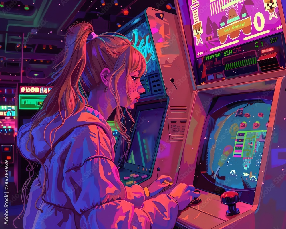 Dynamic pixel art of a girl playing an arcade game, vibrant screen ...