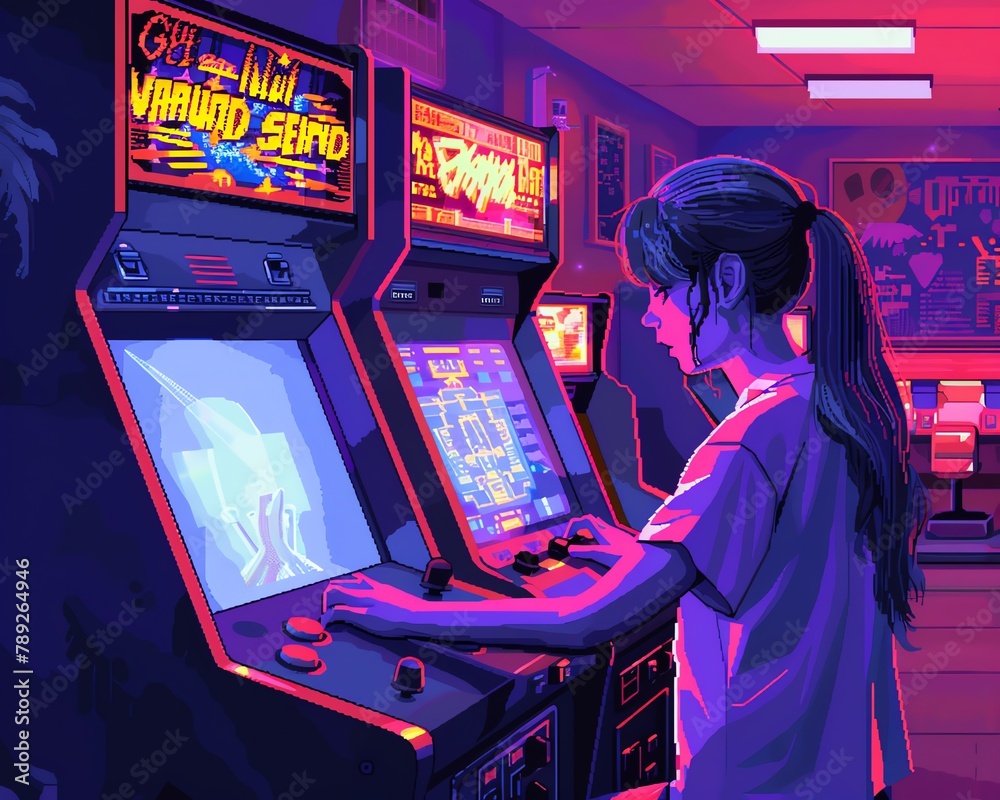 Dynamic pixel art of a girl playing an arcade game, vibrant screen ...