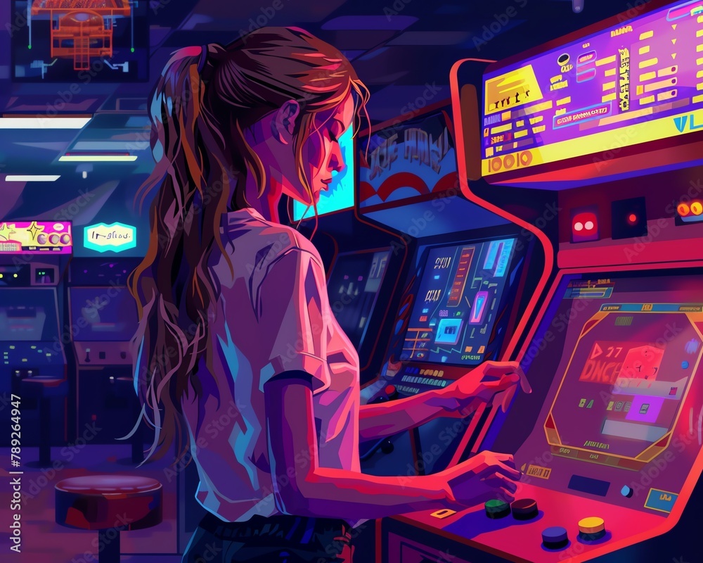 Dynamic pixel art of a girl playing an arcade game, vibrant screen ...