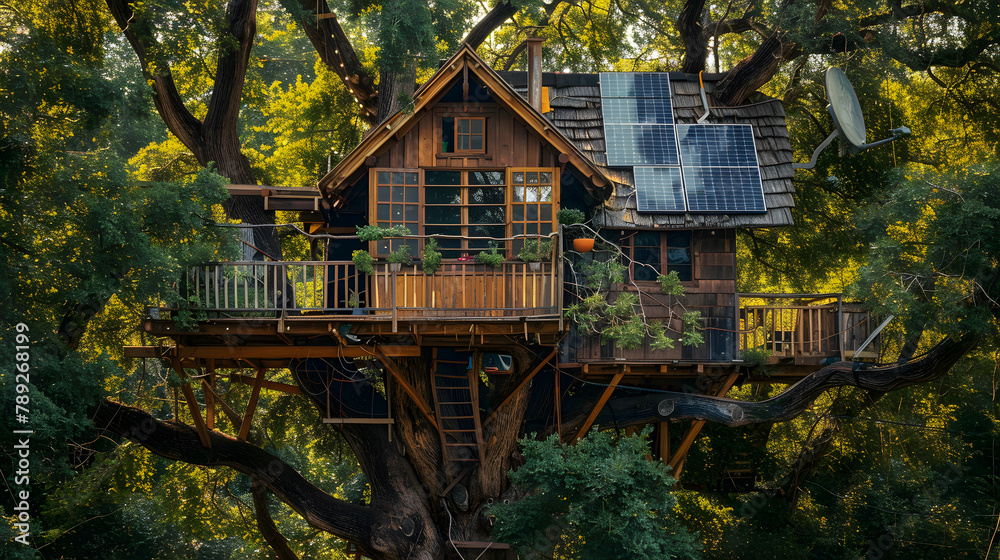 An eco-friendly treehouse, with solar panels on the roof and ...
