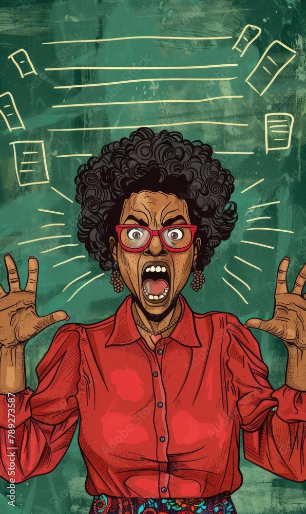 An animated character appears shocked or frustrated, with their mouth ...